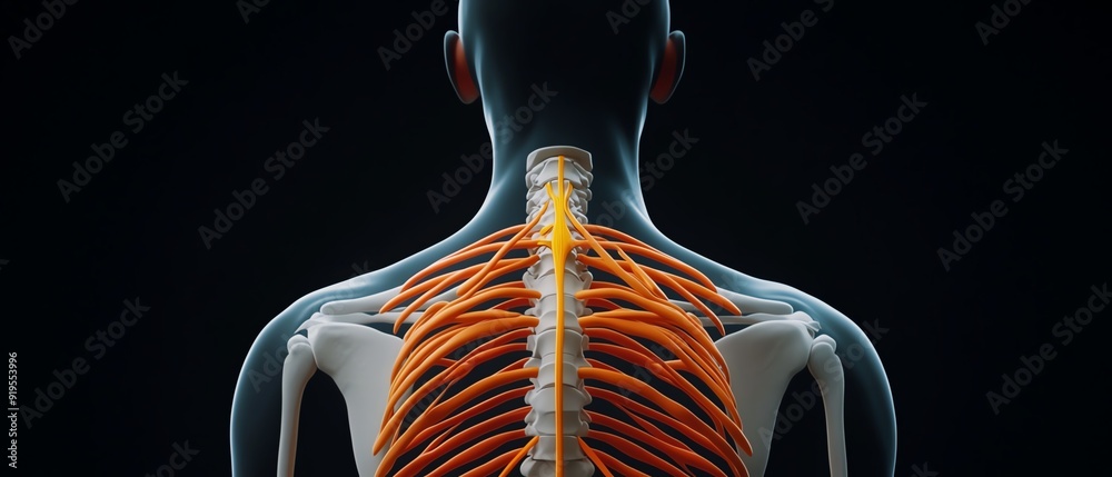Closeup of the ribs with the intercostal nerves running between them ...