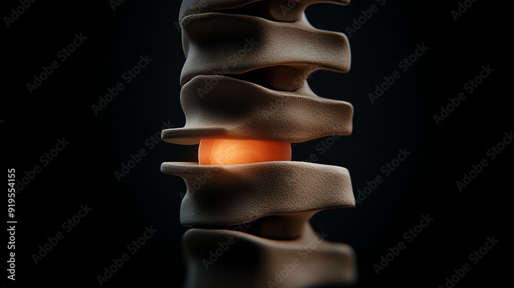 Closeup of the spinal vertebrae with a visible spinal nerve emerging ...