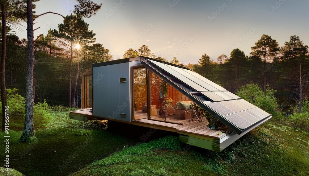 futuristic tiny house nestled in lush forest clearing solar panels ...