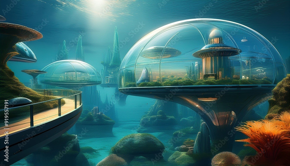 Futuristic underwater city with transparent domes and marine ...