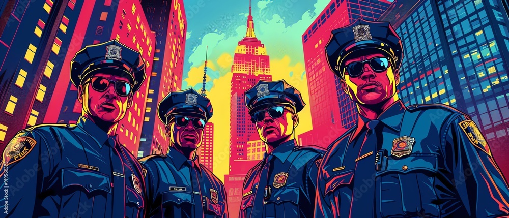 Cartoon police officers, cityscape background, bold colors, comic book ...