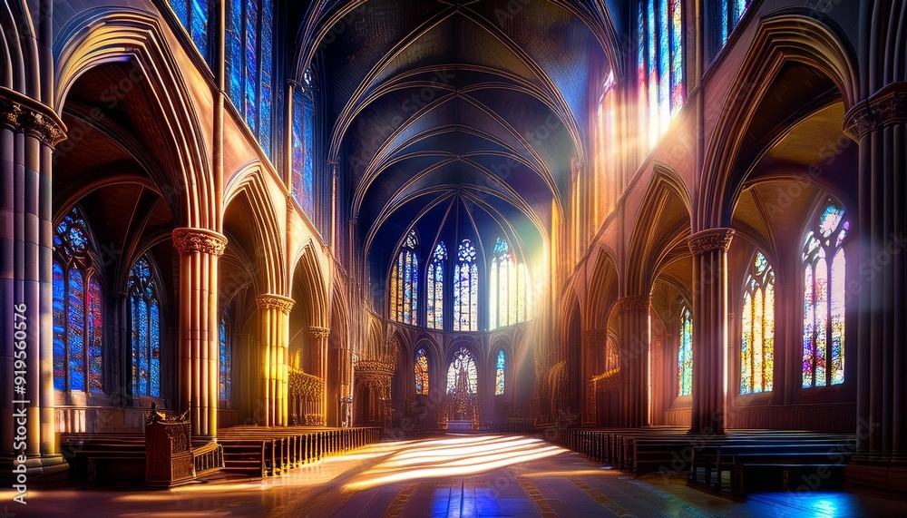 gothic cathedral interior bathed in ethereal light from ornate stained ...