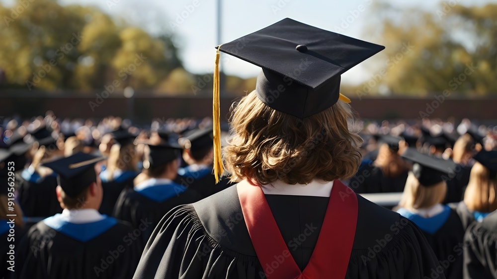 backshot image of a man in a graduation cap and gown, viewed from ...
