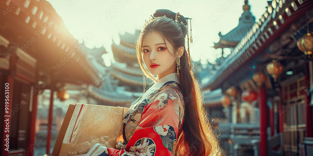 Asian woman with long hair wearing traditional clothing, holding a ...