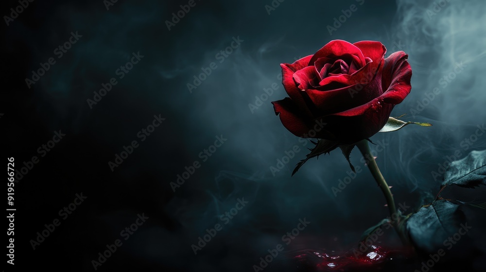 A haunting image of a red rose with blood pooling below, illuminated ...