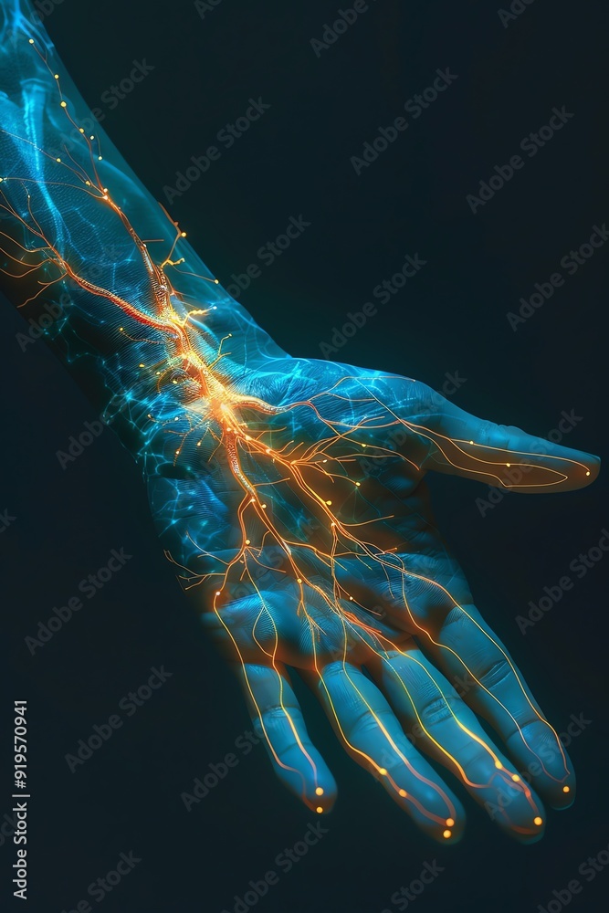 Xray of human arm with glowing veins, dark background, detailed and ...
