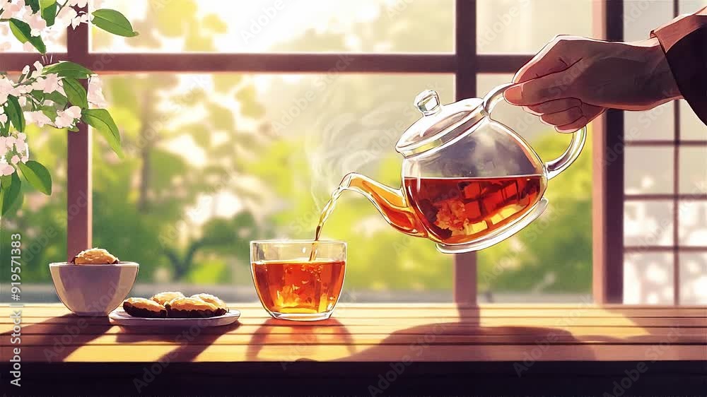 A Morning Scene of Pouring Tea into a Cup in a Traditional Japanese ...
