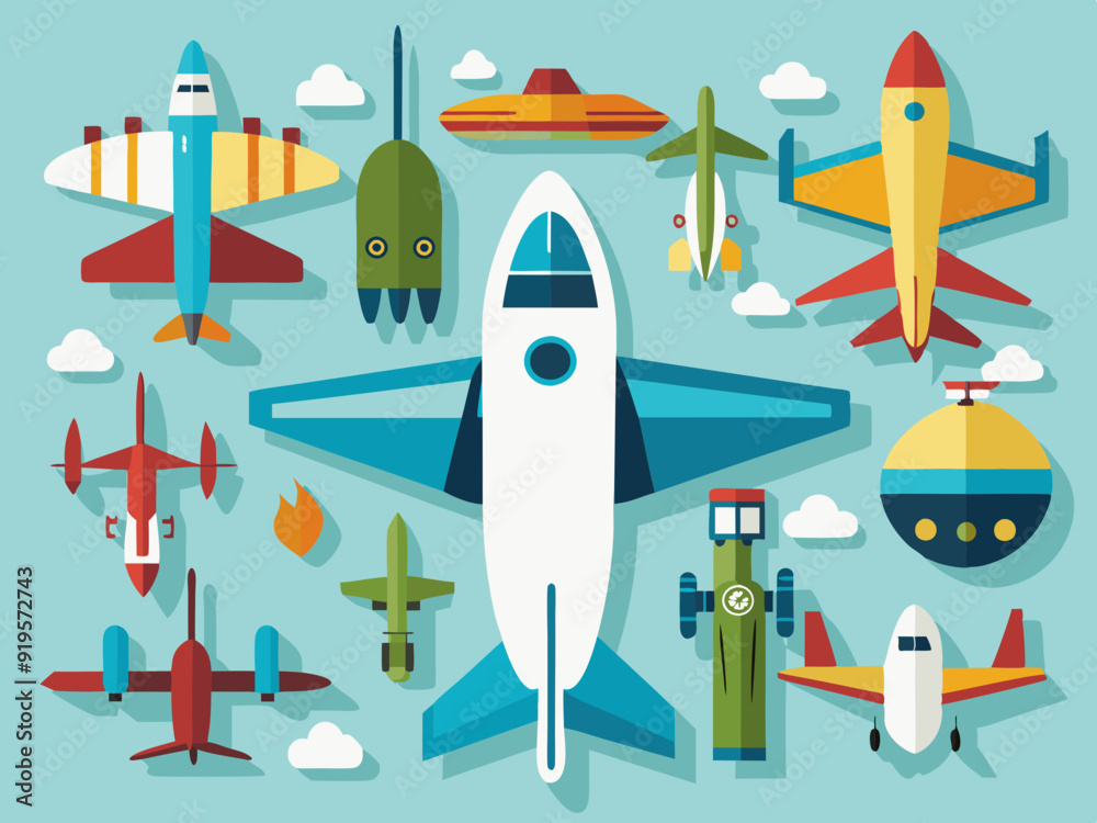 Airplane icons. Aircraft silhouettes flying jet, motor plane and drone ...