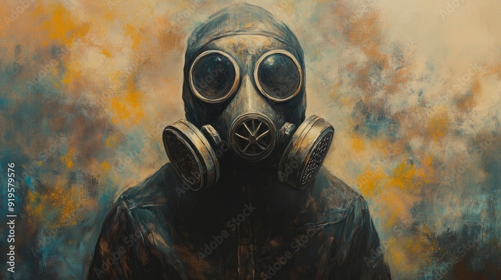 Surreal painting of air quality, person wearing a gas mask, abstract ...