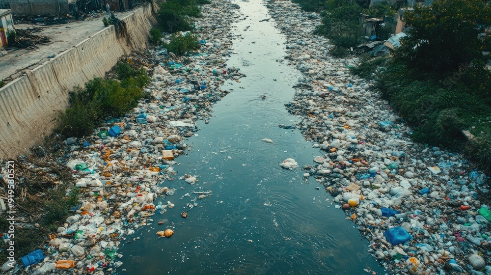 A river clogged with garbage, preventing water flow and symbolizing the ...