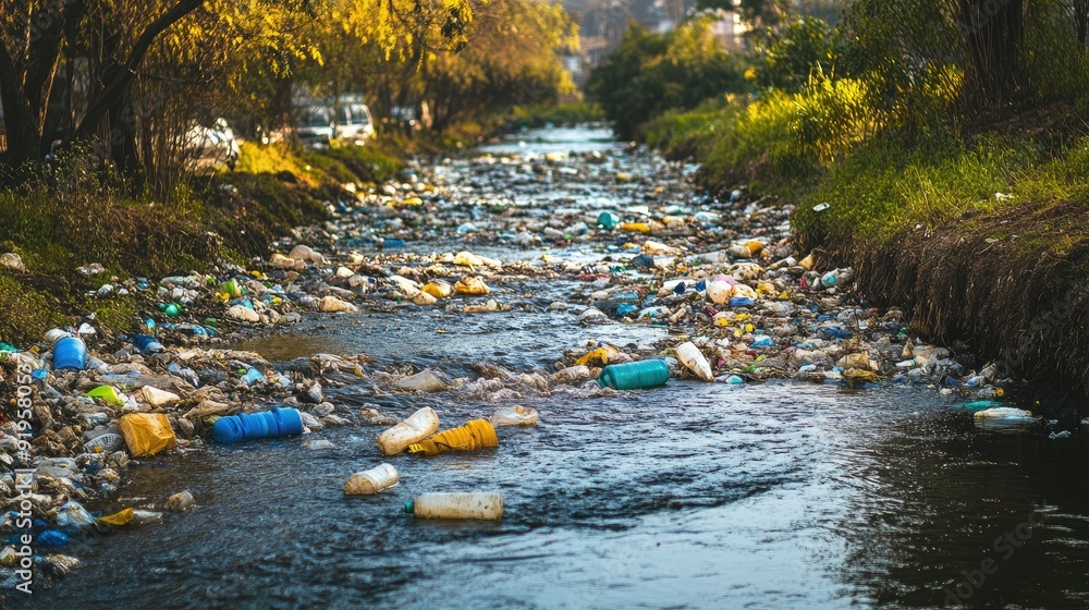 A river clogged with garbage, preventing water flow and symbolizing the ...