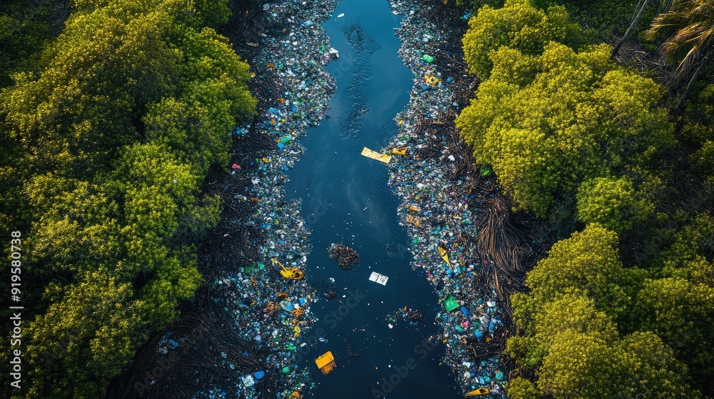 A river clogged with garbage, preventing water flow and symbolizing the ...