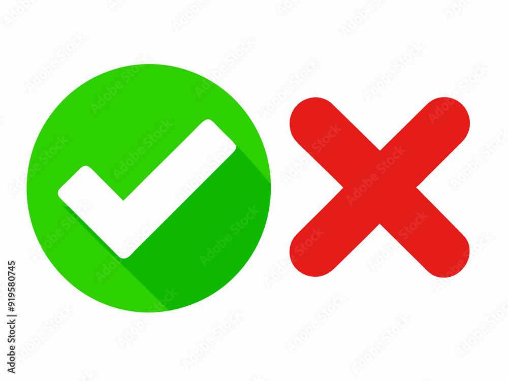 Sign green tick and red cross. Checking handwriting symbols, positive ...