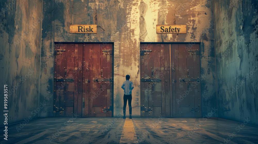 Two doors, one labeled Risk and the other Safety, with a person ...