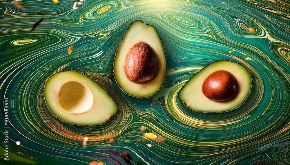 surreal avocado dreamscape with floating sliced avocados in various ...