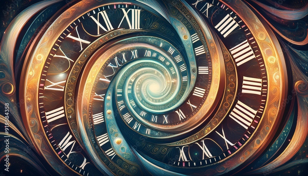 surreal depiction of time loop concept swirling clock faces and ...