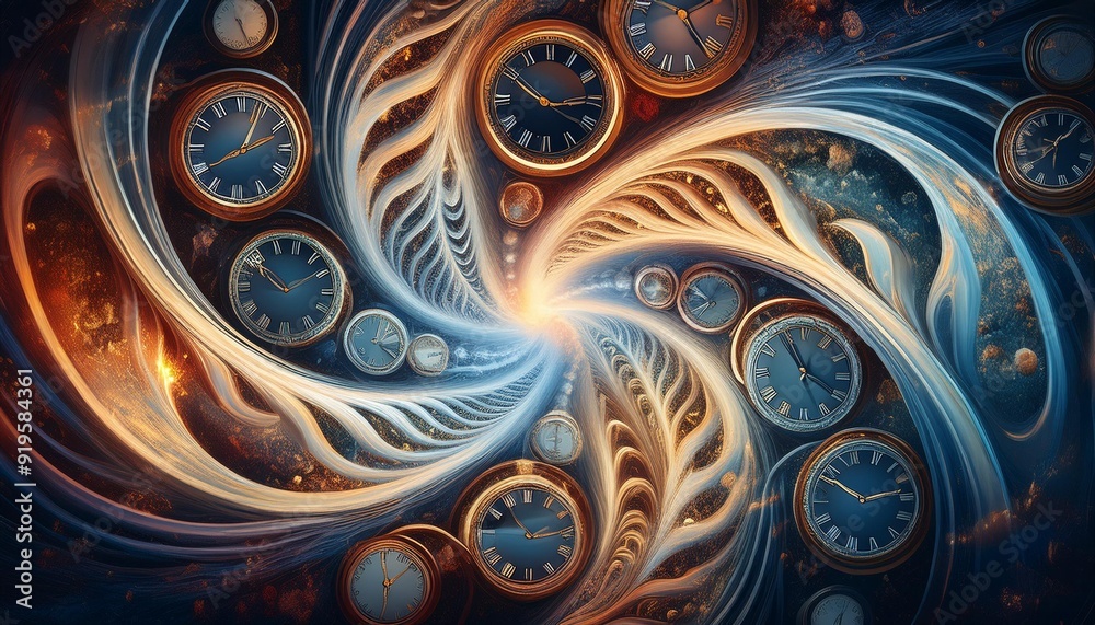 surreal depiction of time loop concept swirling clock faces and ...