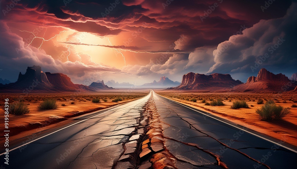 surreal digital artwork depicting a cracked highway stretching through ...