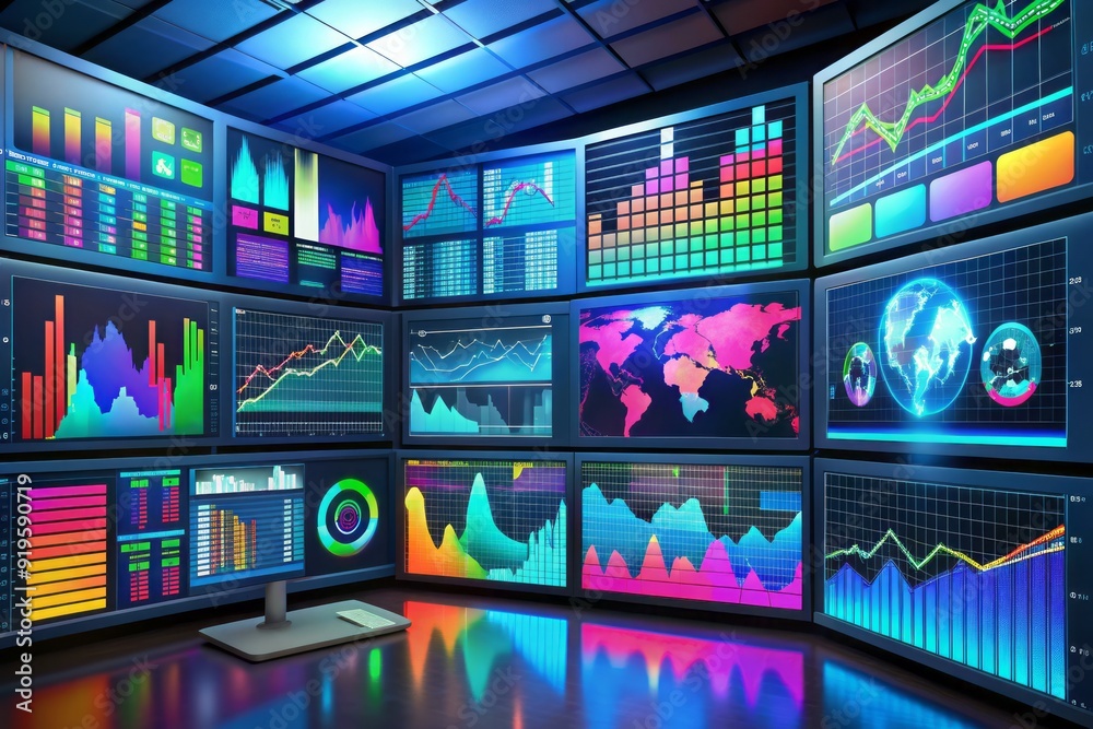 Colorful digital dashboard displays data streams, charts, and graphs on multiple screens ...