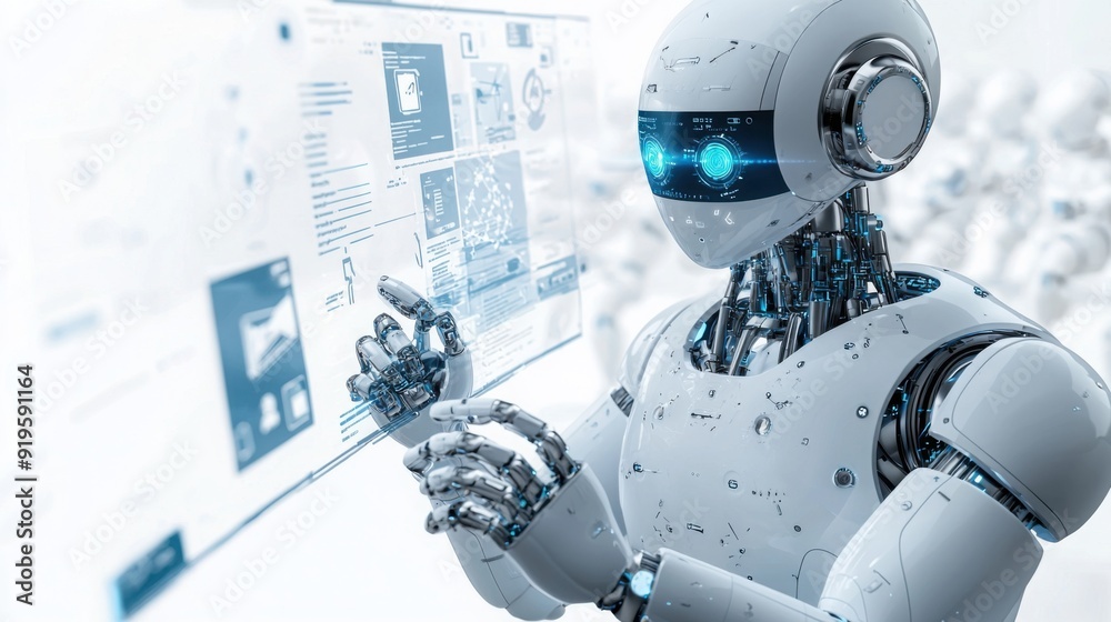 Minimalist bots collaborating on digital tasks with sleek screens and ...