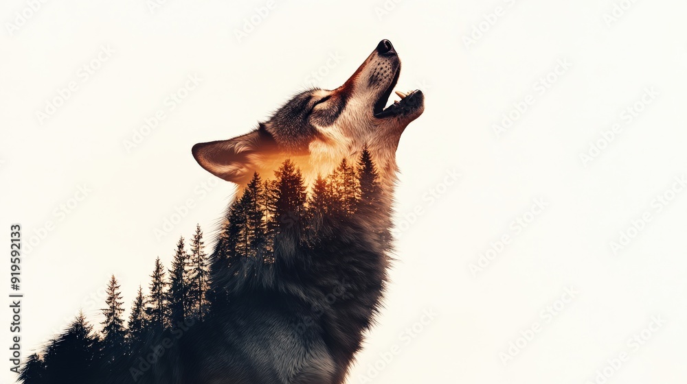 A wolf is blowing its howl in a forest. The image has a mood of ...
