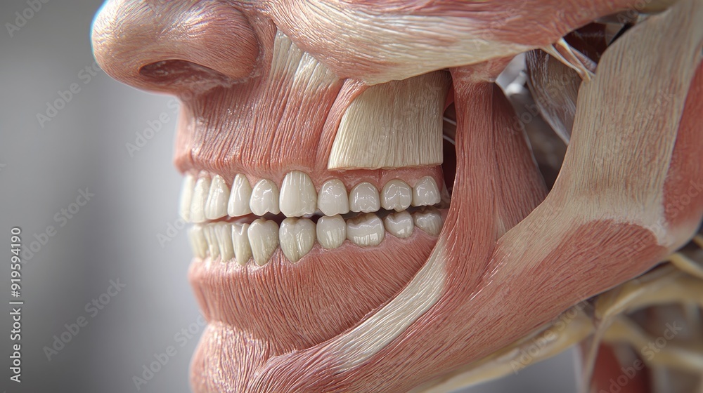 Close-up of the lower human face showing teeth and cheek muscles ...