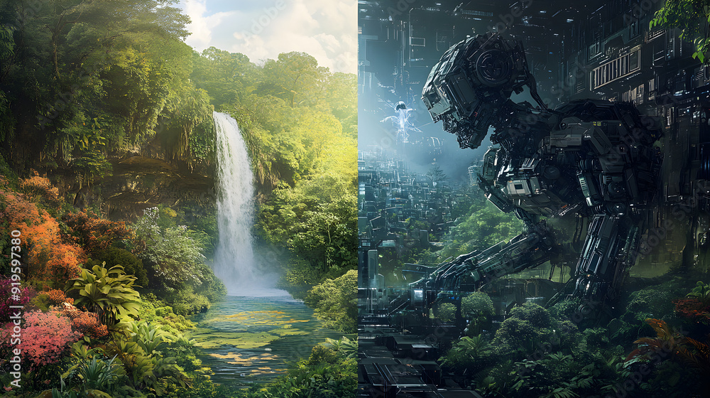 Nature vs. Technology: Create an image divided into two halves. The ...