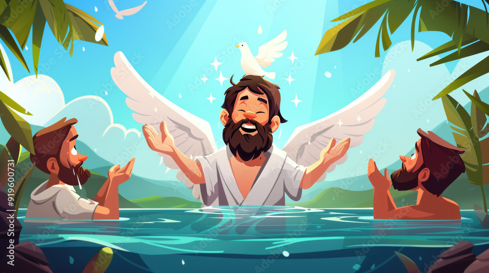 Animated depiction of Jesus with angel wings being baptized in the ...