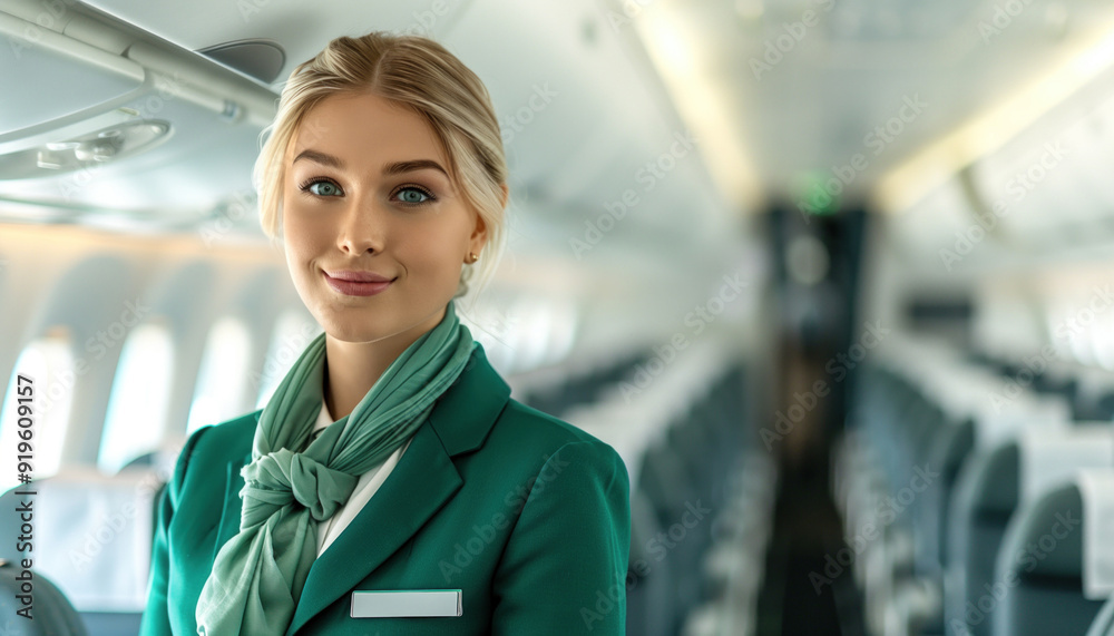 Smiling flight attendant in green uniform standing in airplane aisle ...