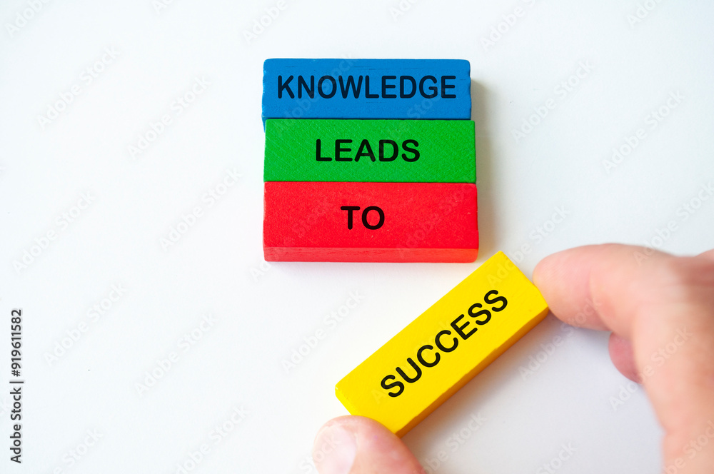 Knowledge leads to success text on multicolored wooden blocks on white ...