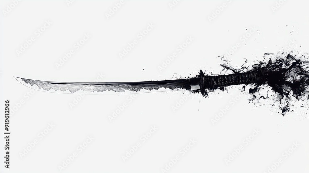 Dynamic Japanese ink drawing of a sword slicing through the air ...