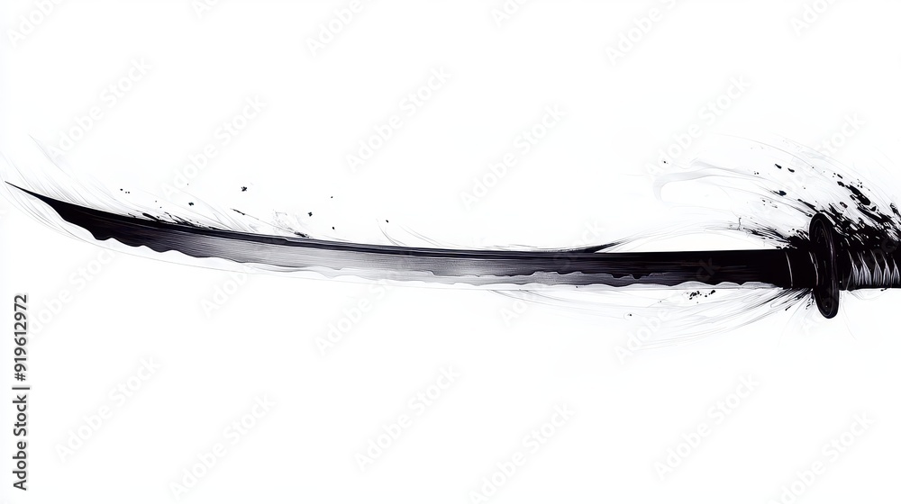 Dynamic Japanese ink illustration of a sword slicing through the air ...