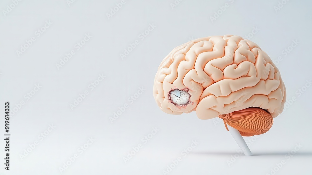 3D model of a brain with one hemisphere showing stroke damage ...
