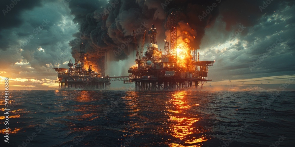 Oil rig explosion causing massive offshore spill, highlighting the ...