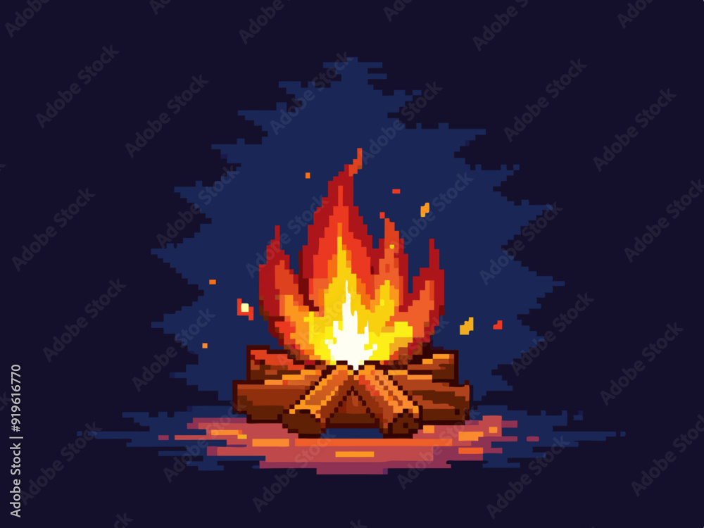 Pixel art campfire. Red bonfire, fire wood burning with big flame and ...