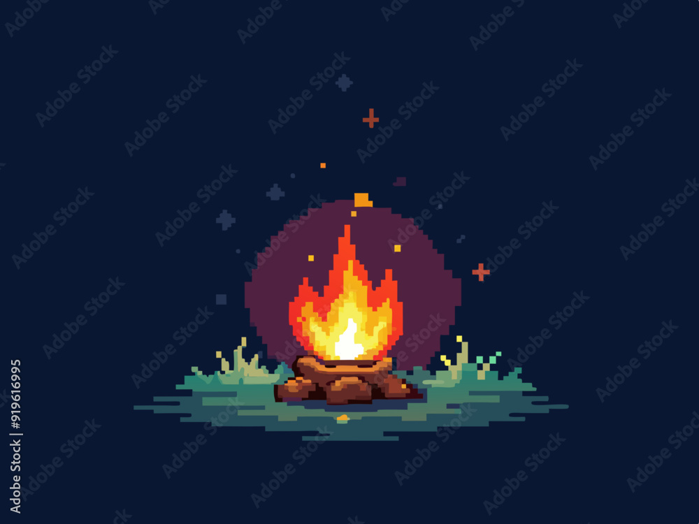 Pixel art campfire. Red bonfire, fire wood burning with big flame and ...