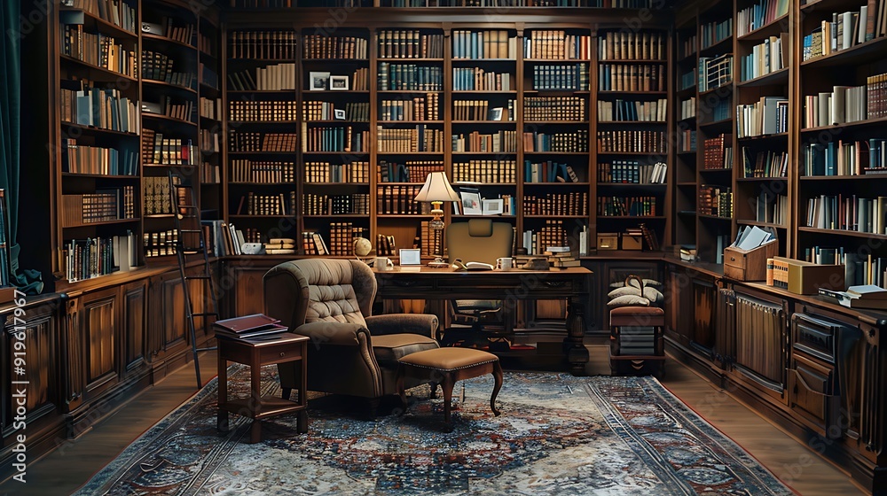 A classic library office featuring built-in bookshelves, a reading nook ...