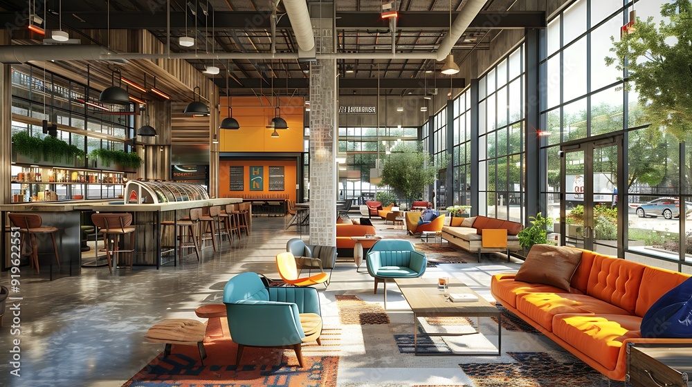 A lively co-working space with diverse seating choices like communal ...