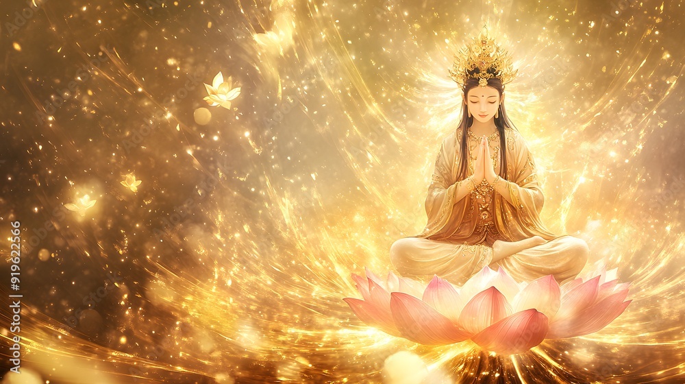 Quan Yin seated on a lotus flower, hands in a gesture of blessing ...