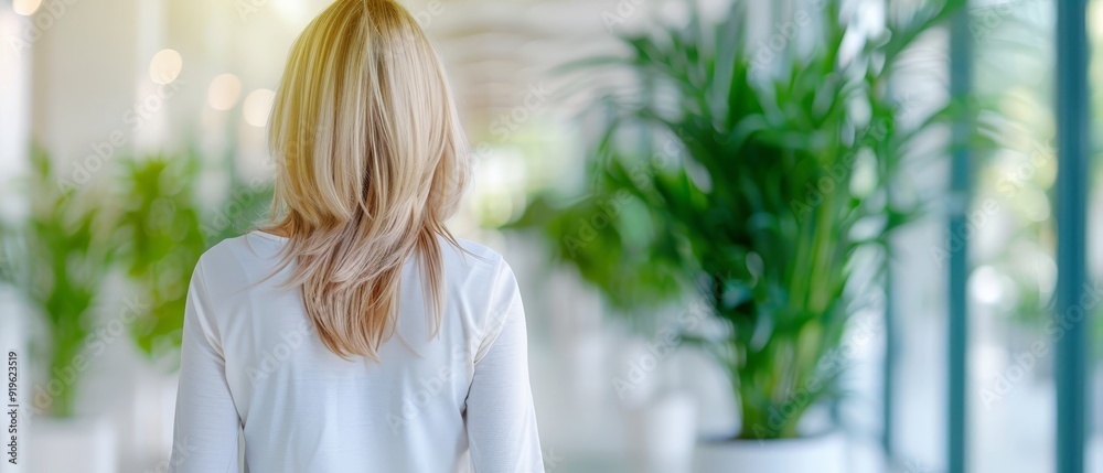 Back of head ..Or:..Woman facing opposite, plant behind - Back view..Or ...