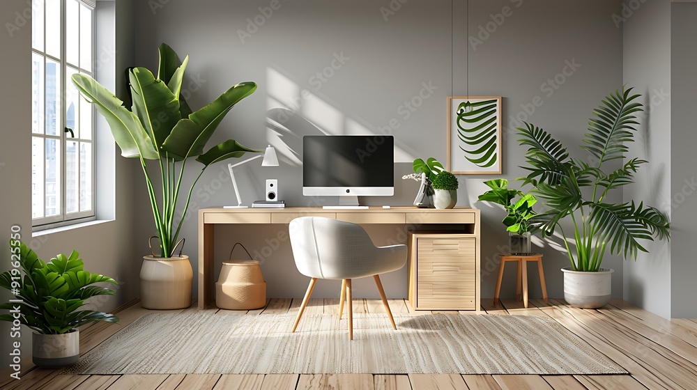 A modern minimalist office with a clean desk setup, ergonomic chair ...