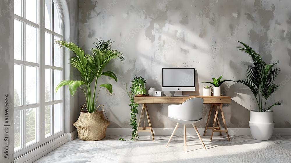 A modern minimalist office with a clean desk setup, ergonomic chair ...