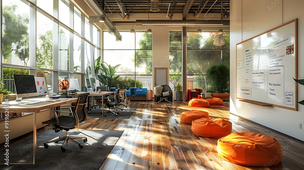 A modern tech company office with open workspaces, sleek ergonomic ...