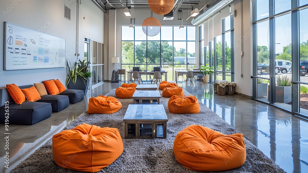 A modern tech company office with open workspaces, sleek ergonomic ...