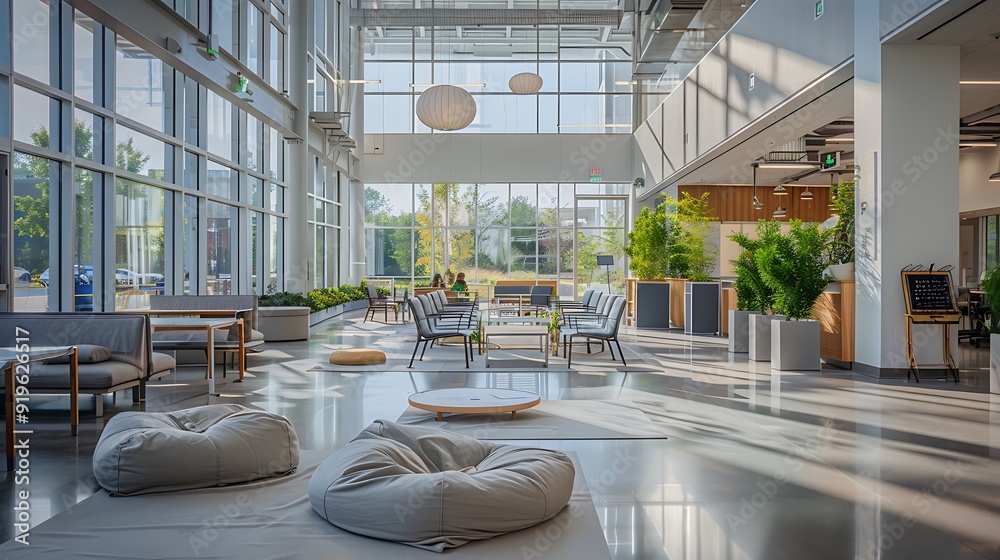 A modern tech company office with open workspaces, sleek furniture, and ...