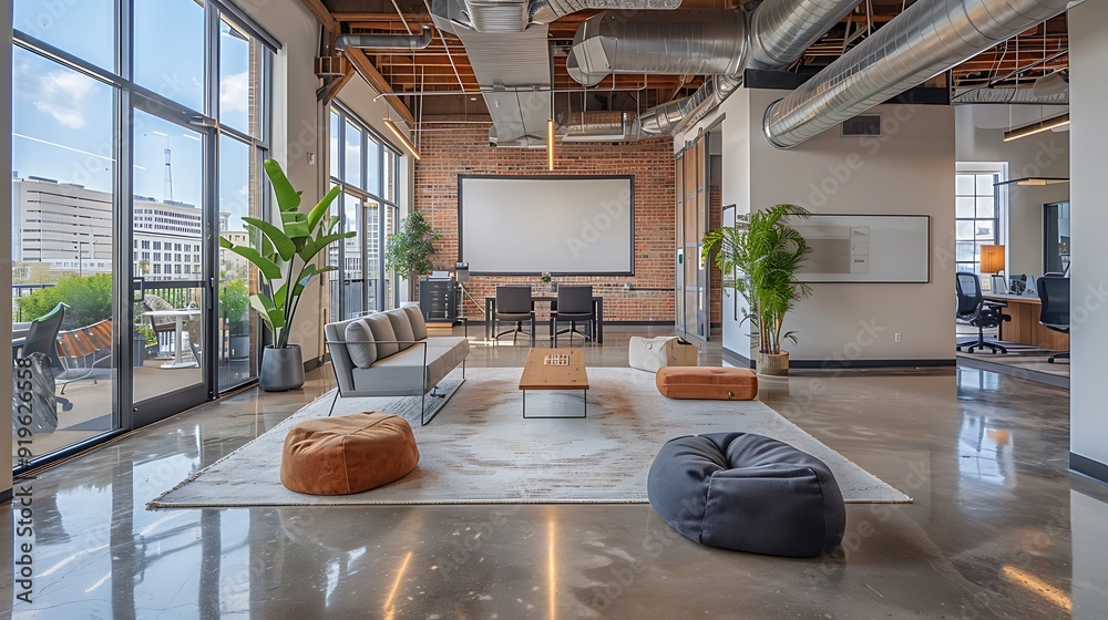 A modern tech company office with open workspaces, sleek furniture, and ...