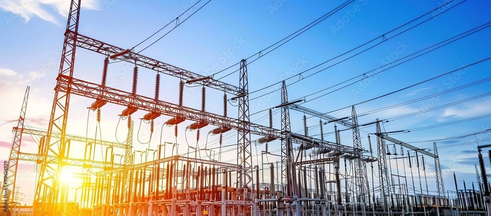 A large electric substation with a bright sunset in the background ...