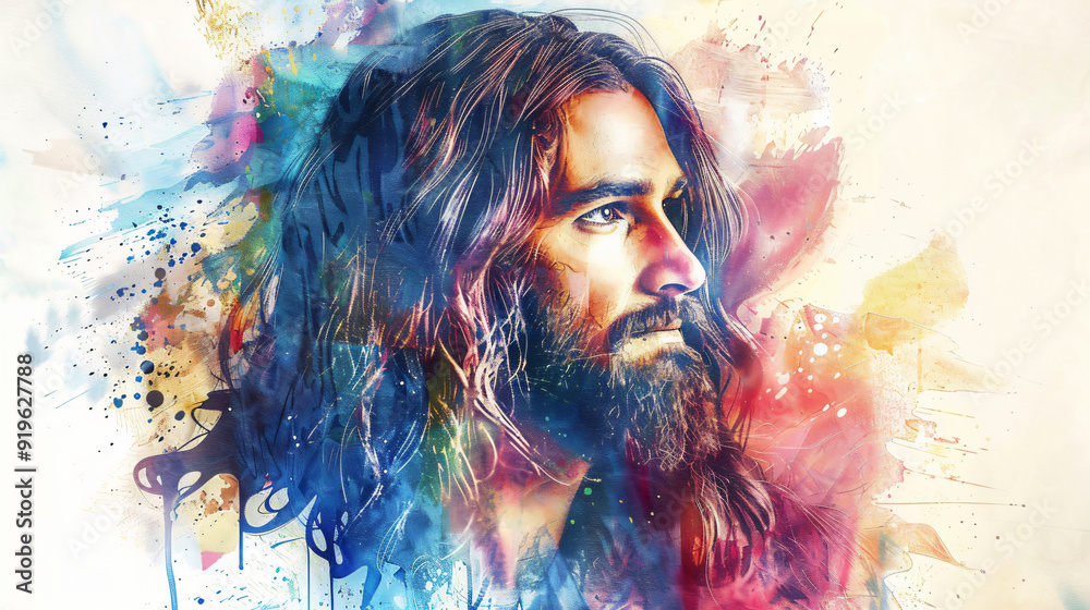 Artistic colorful portrait of jesus christ with long hair and beard ...