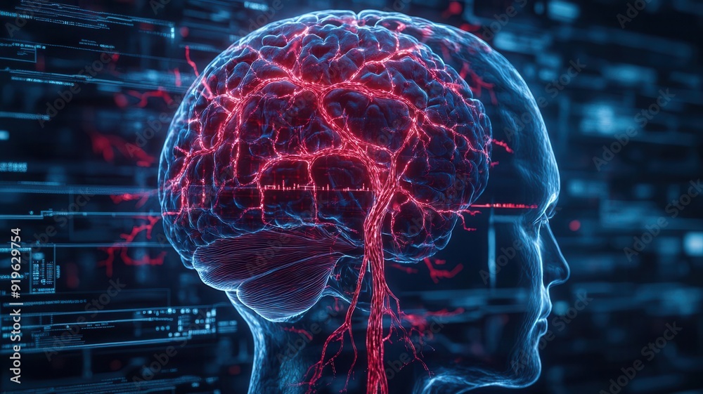 Brain with visible artery blockage, digital overlay showing the ...