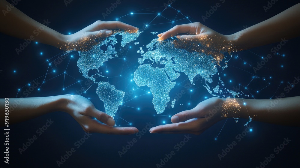 Unity in business shown through joined hands overlaid on a world map ...